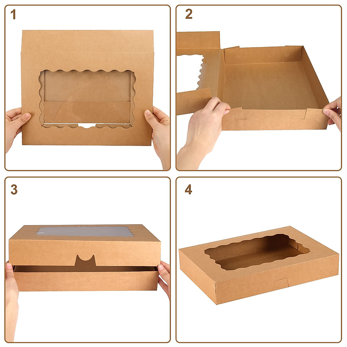 Moretoes 24 Pack Cookie Boxes, 14 x 10 x 2.5 Inches Kraft Bakery Boxes with Window, Brown Treat Boxes for Chocolate Strawberries, Donuts, Pies, Muffins and Pastries