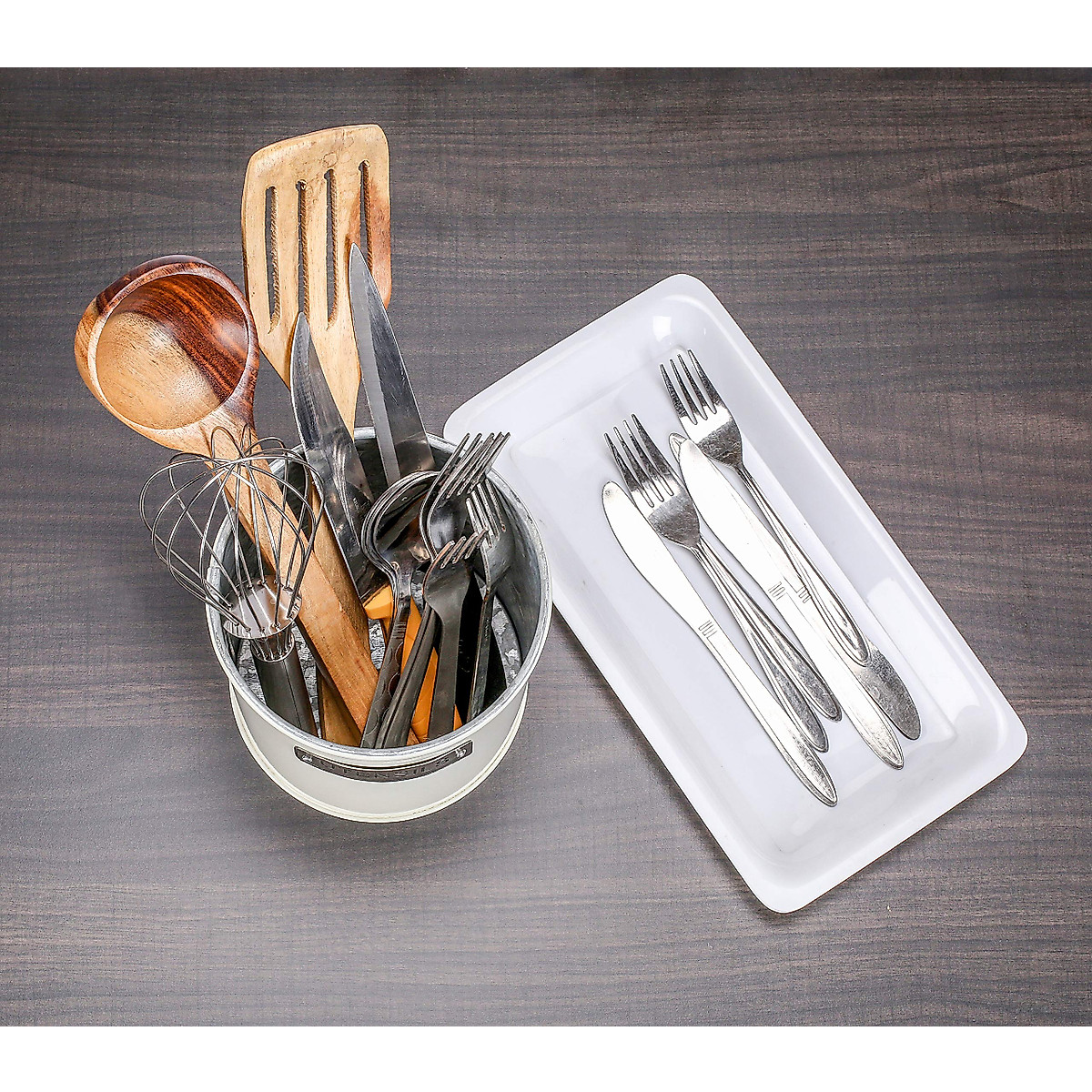 Farmhouse Kitchen Utensil Holder Large Utensil Organizer - Utensils Holders Crock with Sturdy Rustic Farmhouse Countertop Decor, Utensil Storage Caddy Organizer, Off White - 5.5 x 6 Inches