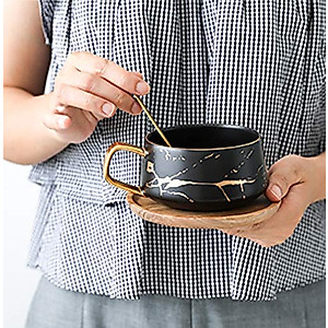 Jusalpha 10 oz Golden Hand Print Tea Cup And Saucer Set/Coffee Cup And Bamboo Saucer Set TCS19 (Black)