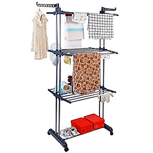 Moclever Clothes Drying Rack,3-Tier Collapsible Rolling Dryer Clothes Hanger Adjustable Large Stainless Steel Garment Laundry Racks with Foldable Two Side Wings Grey Indoor Outdoor