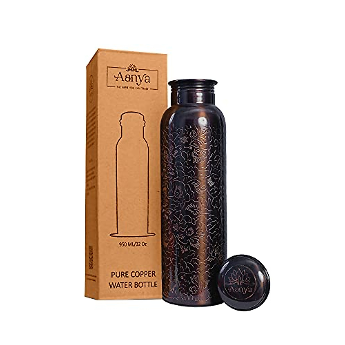 Aanya Pure Copper Water Bottle - 32 Oz Ayurvedic Copper Vessel with Engraved Design & Smooth Finish - Premium Copper Flask with Leak Proof Design & Silicone Ring Cap (Black & Brown Shade)