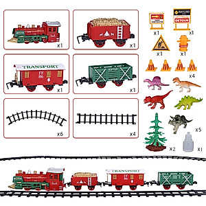 Christmas Train Set for Under/Around Christmas Tree,Electric Toy Train with Lights,Real Smoke,Sound,Include 4 Cars,10 Tracks,5 Dinosaurs, Battery Operated Holiday Train Xmas Gifts for Kids Boys Girls