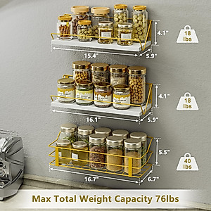 Love-KANKEI Floating Shelves for Wall, Bathroom Shelves Over Toilet with Towel Bar,Wall Shelves with Storage Wire Basket, Wood Shelves for Bedroom Kitchen Living Room Books, Set of 3, White &Gold