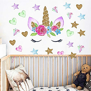 heshengzaixian Unicorn Horn Wall Stickers, Unicorn Face Star Heart Wall Decals for Girls Bedroom, Baby Girl Nursery Kid’s Birthday Decoration,Girl's Room Decor