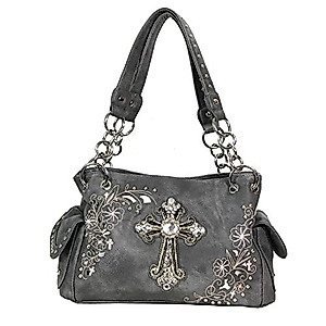 Zzfab Rhinestone Cross Embroidered Floral Western Handbag Grey
