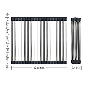 CHIRISEN Adjustable Large Roll Up Dish Drying Rack 12.8" X20.6" Collapsible Over The Sink Rack Non-Slip Silicone Rolling Dish Drainer SUS304 Stainless Steel Roll Rack for Kitchen Counter Organizer