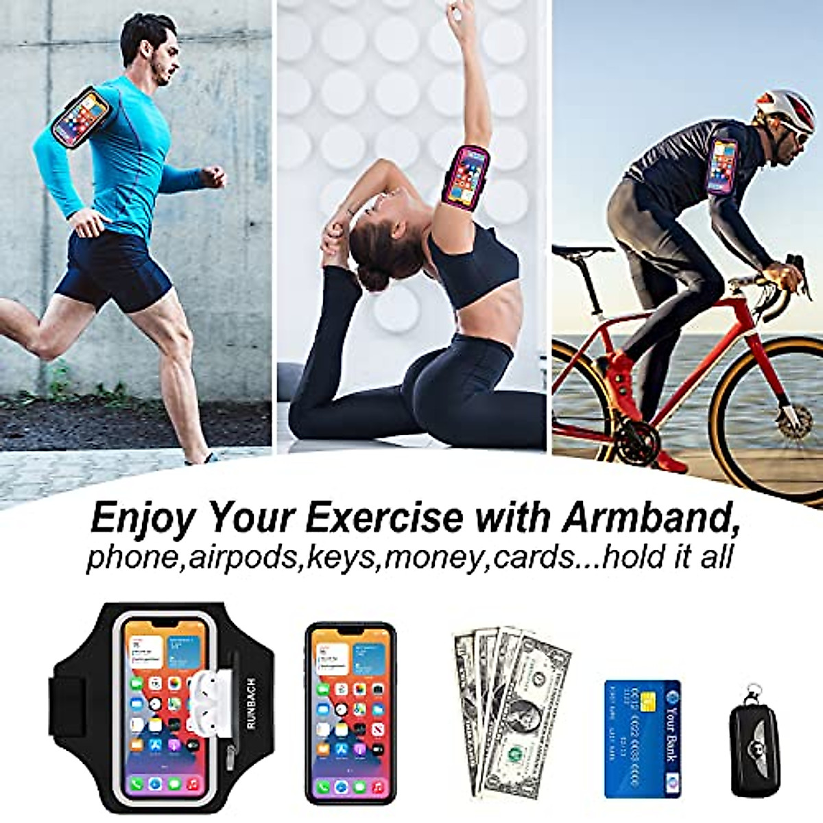 RUNBACH Armband for iPhone 15 Pro Max/15 Plus/iPhone 14 Pro Max/14 Plus/13,12,11 Pro Max/XS Max/iPhone 8/7 /6 Plus,Water Resistant Sport Armband with Zipper Slot for Airpods and Keys (Black)