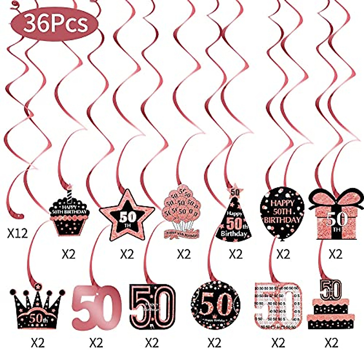 Pimvimcim 50th Birthday Hanging Swirls Decorations for Women, 36pcs Happy 50 Year Old Birthday Swirls Supplies, Rose Gold Fifty Birthday Party Hanging Swirl Décor