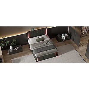 Bellemave Bed Frame,Upholstered Queen Platform Bed with Lift Up Storage, LED Lights and USB Charging, Faux Leather Bed Frame with Headboard and Slat Support (Black, Full Size)