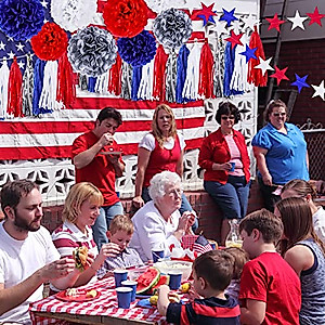 30PCS 4th of July Patriotic Party Decorations Tissue Paper Pom Poms Flowers Blue Red Silver Tassels Garland Star Streamers Memorial Independence Day Party Supplies