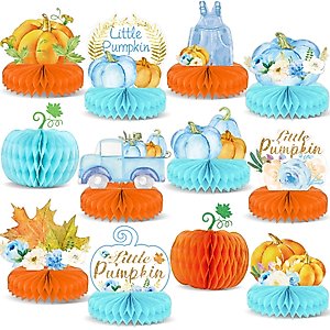 12PCS Little Pumpkin Baby Shower Decorations Fall Pumpkin Honeycomb Centerpieces A Little Pumpkin is On The Way Boy Blue Table Toppers for Gender Reveal Autumn Harvest Thanksgiving Decor Supplies