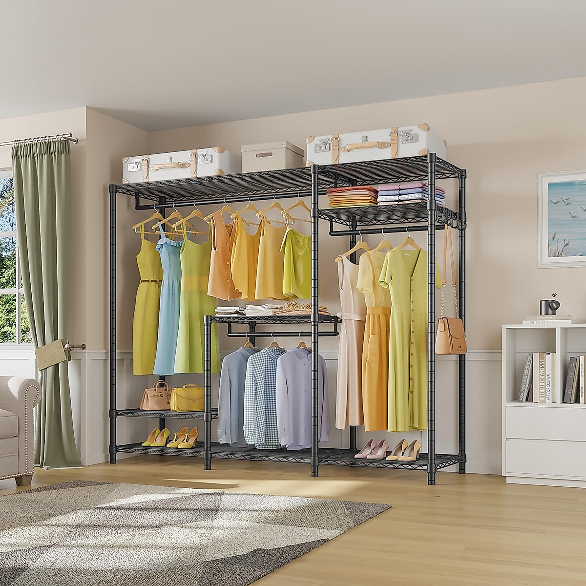 VIPEK V3 Clothes Rack, Heavy Duty Garment Rack with Adjustable Shelves & Hang Rods & Side Hooks, Portable Closet Systems Freestanding Metal Clothing Rack for Hanging Clothes, Max Load 950lbs, Black