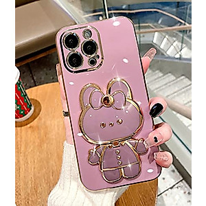 for iPhone 14 Pro Max Case for Women Girls,6D Cute Hidden Rabbit Bunny Stand Mirror Design,Luxury Plating Glitter Soft Silicone Makeup Girly Phone Case with Camera Cover for iPhone 14 Promax Purple