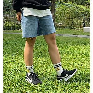 holawit Happy Face Fun Design Positive Smile Quarter Socks with Neon Double Stripes for Women 3P Set