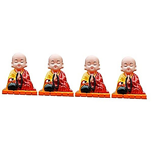 Tofficu 4pcs Head Dashboard Doll Small Funny Monk Energy Figurine Office Toys Shaking Statue Little Ornament Bobblehead Toy Ornaments for Buddha Figure Solar Display Dancing Chinese Home