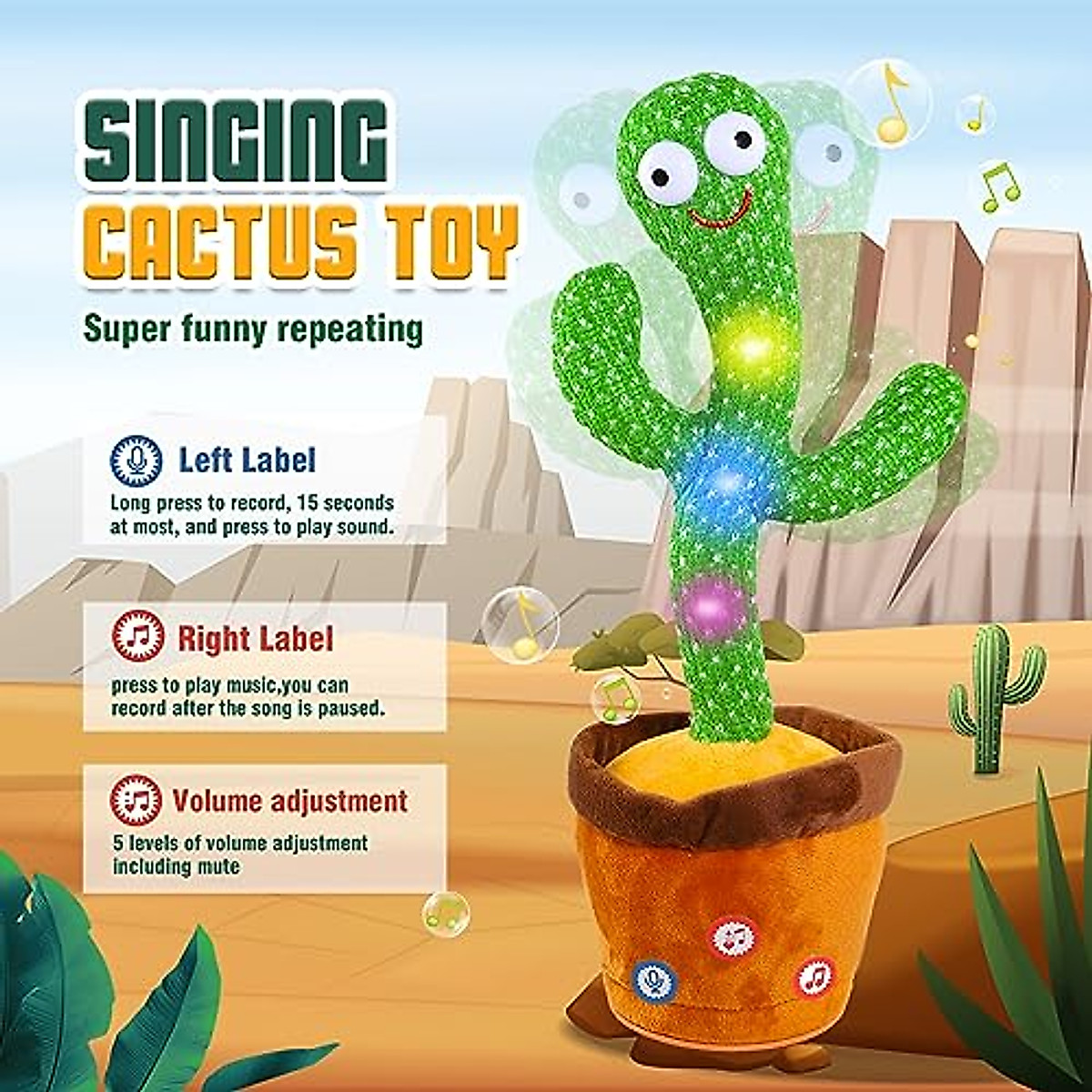 Baby Toys Talking Cactus Toy Dancing Singing Mimicking Recording Moving Educational with 120 English Songs 6-12 Months Old Toddler Boy Girl Newborn Christmas Birthday Light Up Plush Sensory Gifts