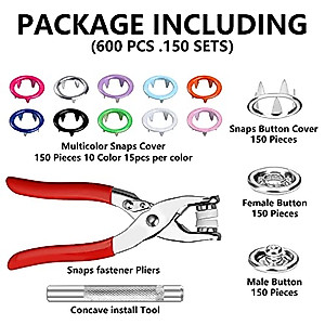 150 Sets Snap Button Snap Fastener kit Snaps 9.5mm Metal Snaps Buttons with Fastener Pliers Press Tool Kit Perfect for DIY Crafts Clothes Hats and Sewing(10 Colors)