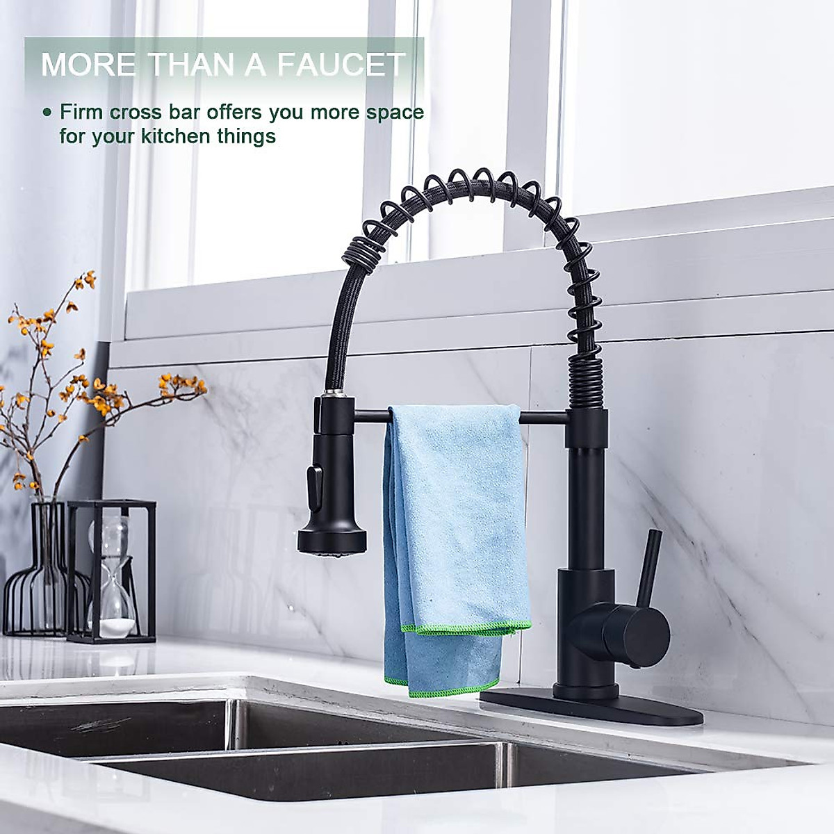 WEWE Kitchen Faucets with Pull Down Sprayer Commercial Industrial Stainless Steel Single Handle Single Hole Spring with WEWE Black Glass Rinser