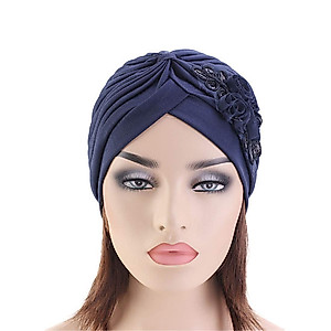 Qianmome Womens Sequin Flower Turban Elegant Muslim Beanie Head wrap Chemo Cap White