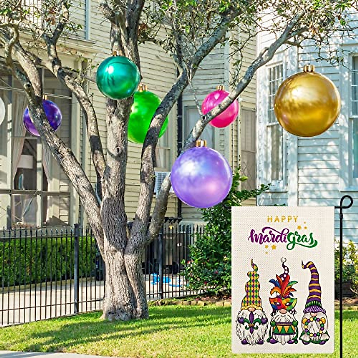 YOVOYOA Happy Mardi Gras Gnome Garden Flag 12.5x18 Inch Double Sided Masquerade Mask Bead Fleur de Lis New Orleans Holiday Party Yard Outdoor Decoration