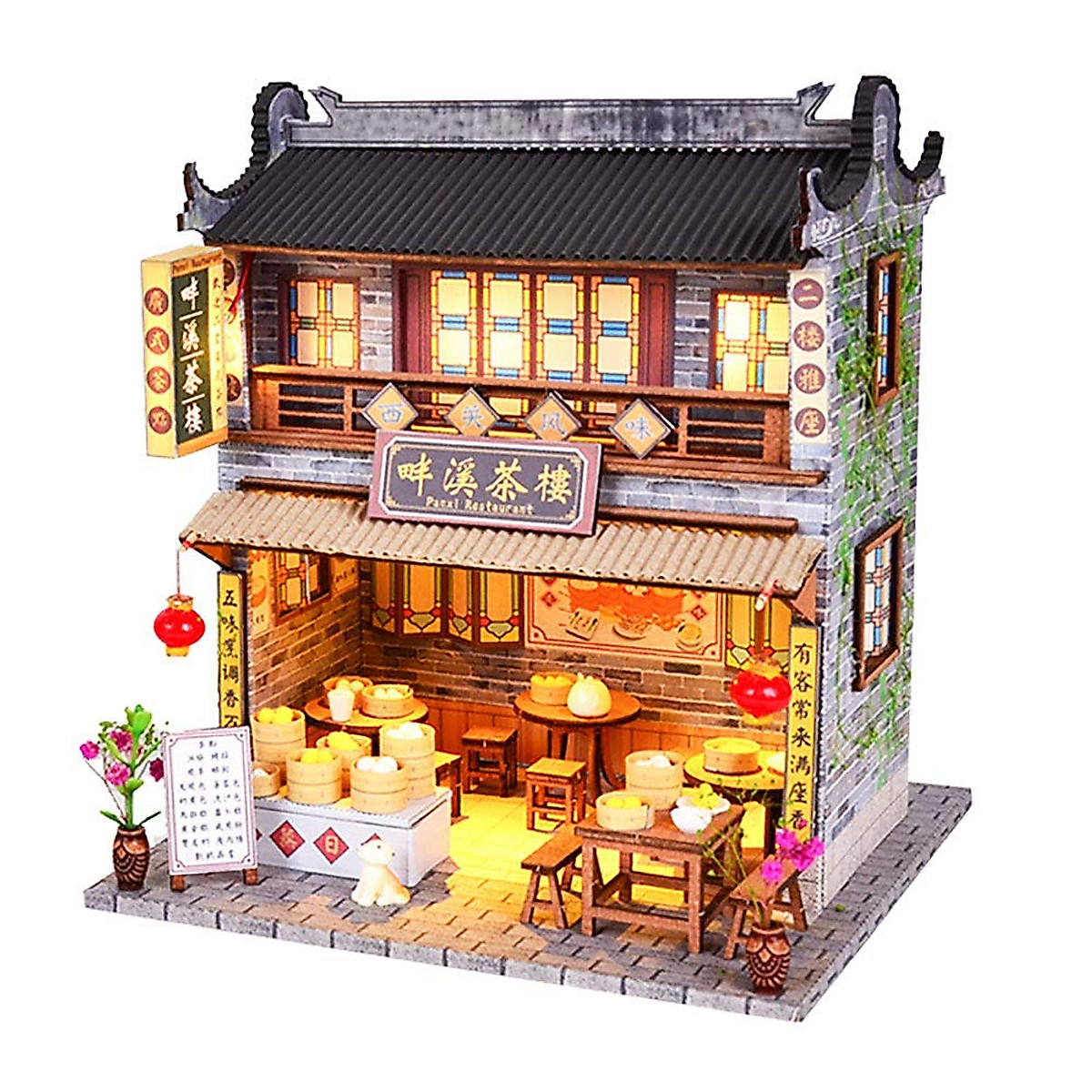 WYD DIY Chinese DIY Doll House Ancient Architecture Handmade Mini Wooden House Miniature Dollhouse Furniture Set Children Toys New Year Birthday Wedding Gift (Panxi Tea House)