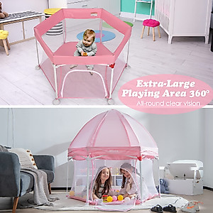 INFANS Baby Playpen with Removable Mesh & UV Canopy, 53" Portable Playhouse with Carry Bag, Dome, Padded Floor, Easy Folding Playard Activity Center (Light Pink)