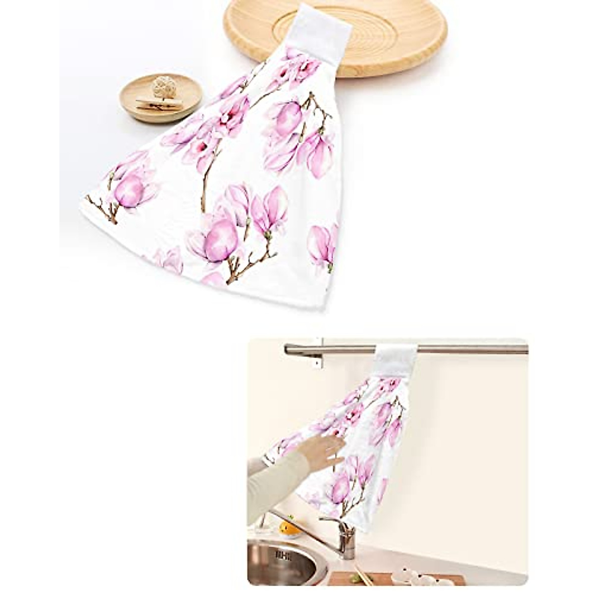 2 PCS Kitchen Hand Towels, Pink Blooming Floral Cluster Petals Branches Soft Plush Hanging Tie Towels with Loop for Kitchen Bathroom Dish Cloth Tea Bar Towel Oil Painting Orchid