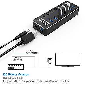 Powered USB 3.0 Hub, ikuai 7-Port Multiple USB Port Splitter, USB 3 Powered Hub with Individual LED On/Off Switches and Power Supply, Multiple USB Hub 3.0 Powered for Mac, PC