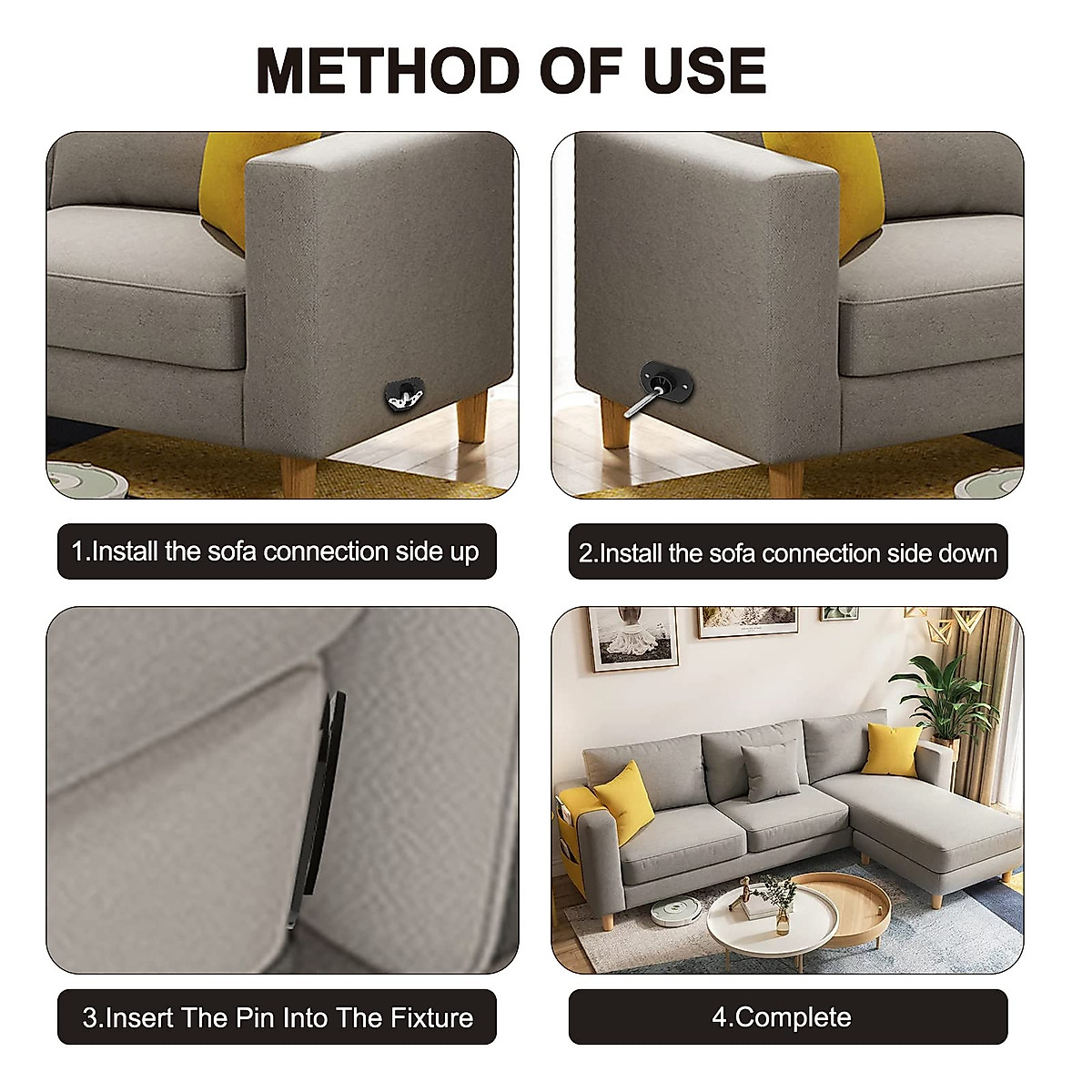 Cionyce 4 Pcs Sectional Couch Connectors, Pin Style Furniture Connector Sectional Sofa Connector Bracket(Black)