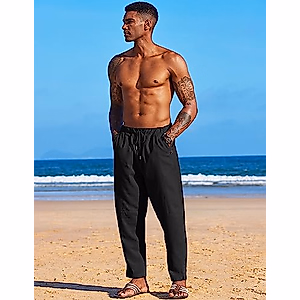 COOFANDY Men's Baggy Capri Trousers Drawstring Vacation Linen Beach Pants Summer Black