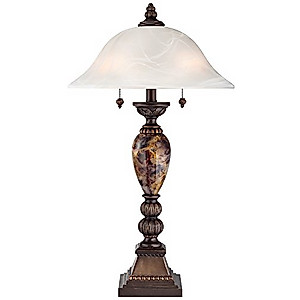 kathy ireland Mulholland Traditional Vintage Table Lamp 27" Tall Aged Bronze Faux Marble White Alabaster Glass Dome Shade for Living Room Bedroom House Bedside Nightstand Home Office Family