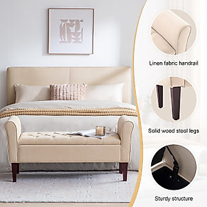 HUIMO 48" Arm Storage Ottoman with 7.5-inch Solid Wood Legs, Storage Bench, Upholstered Window Sitting Bench for Bedroom,End of Bed Bench Indoor, Livingroom, Entryway,Tan