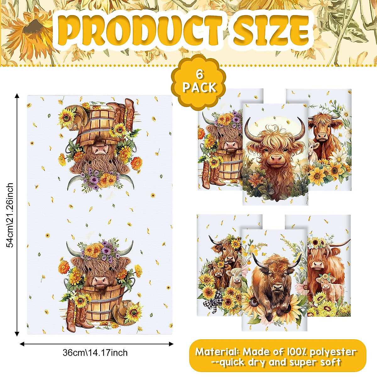 Redbaker Set of 6 Highland Cattle Kitchen Towels Highland Cow Themed Dish Towels Absorbent Farm Cattle Watercolor Floral Tea Towel Sunflower Hand Towels Housewarming Gift for Farmhouse Kitchen