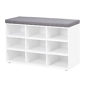 DINZI LVJ Shoe Storage Bench with Cushion, Cubby Shoe Rack with 9 Cubbies, Adjustable Shelves, Multifunctional Shoe Organizer Bench for Entryway, Mudroom, Hallway, Closet and Garage, White