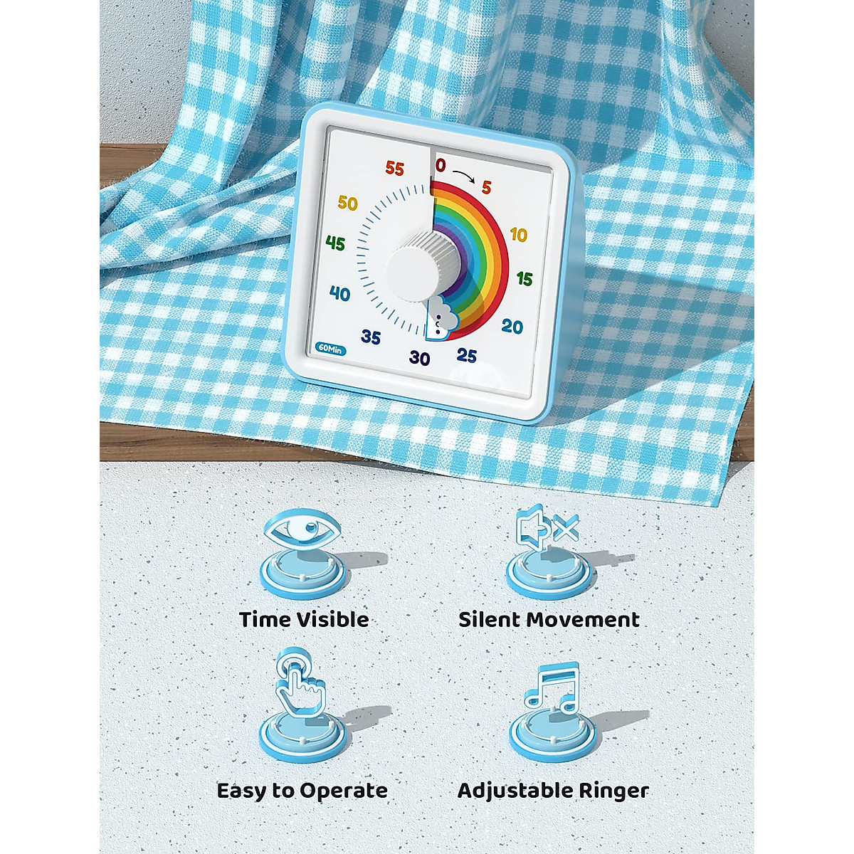 LIORQUE 60 Minute Visual Timer for Kids, Visual Countdown Timer for Classroom Office Kitchen with 'Rainbow' Pattern Design, Pomodoro Timer with Silent Operation (Batteries Included)