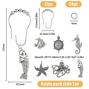 SUPERFINDINGS 12Pcs 6 Styles Ocean Theme Shower Curtain Rings Iron Shower Curtain Hooks Rings with Alloy Animal Pendants Starfish Fishbone Octopus Metal Shower Rings Hooks for Bathroom