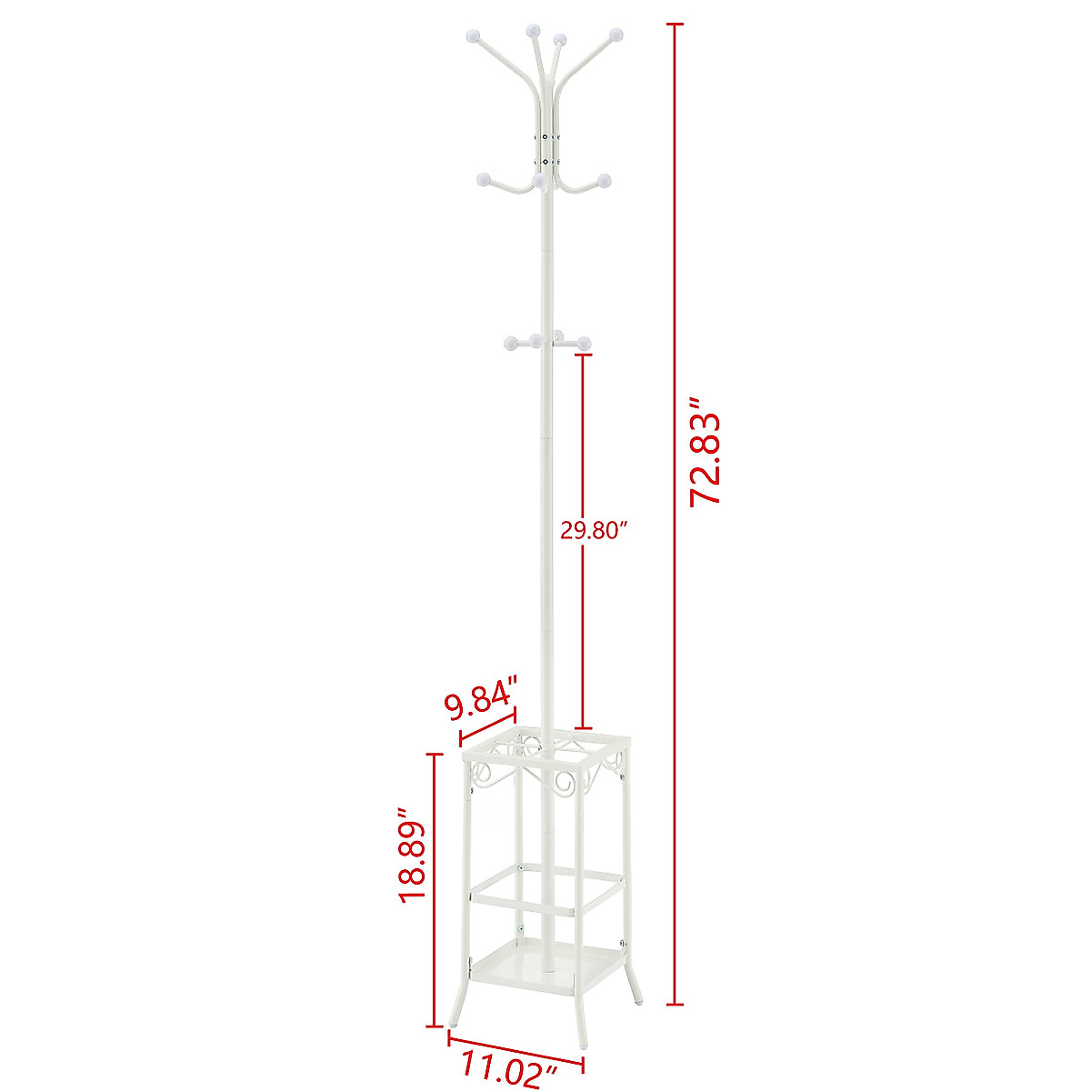Hoctieon Coat Rack Freestanding, Entryway Coat Hanger Stand, Umbrella Holder, Hall Tree With 12 Hooks, Floor Standing Metal Tree Stand, White