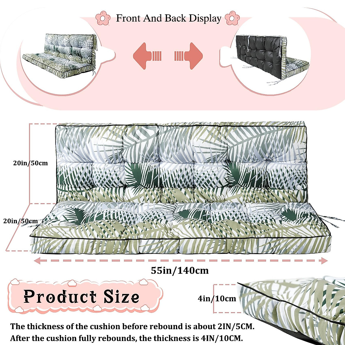 2-3 Seat Swing Replacement Cushion, Outdoor Bench Cushions with Backrest Thicken 4", Patio Furniture Garden Porch Loveseat Glider Pad Anti-Fading Waterproof (Green Leaves, 40x55in)