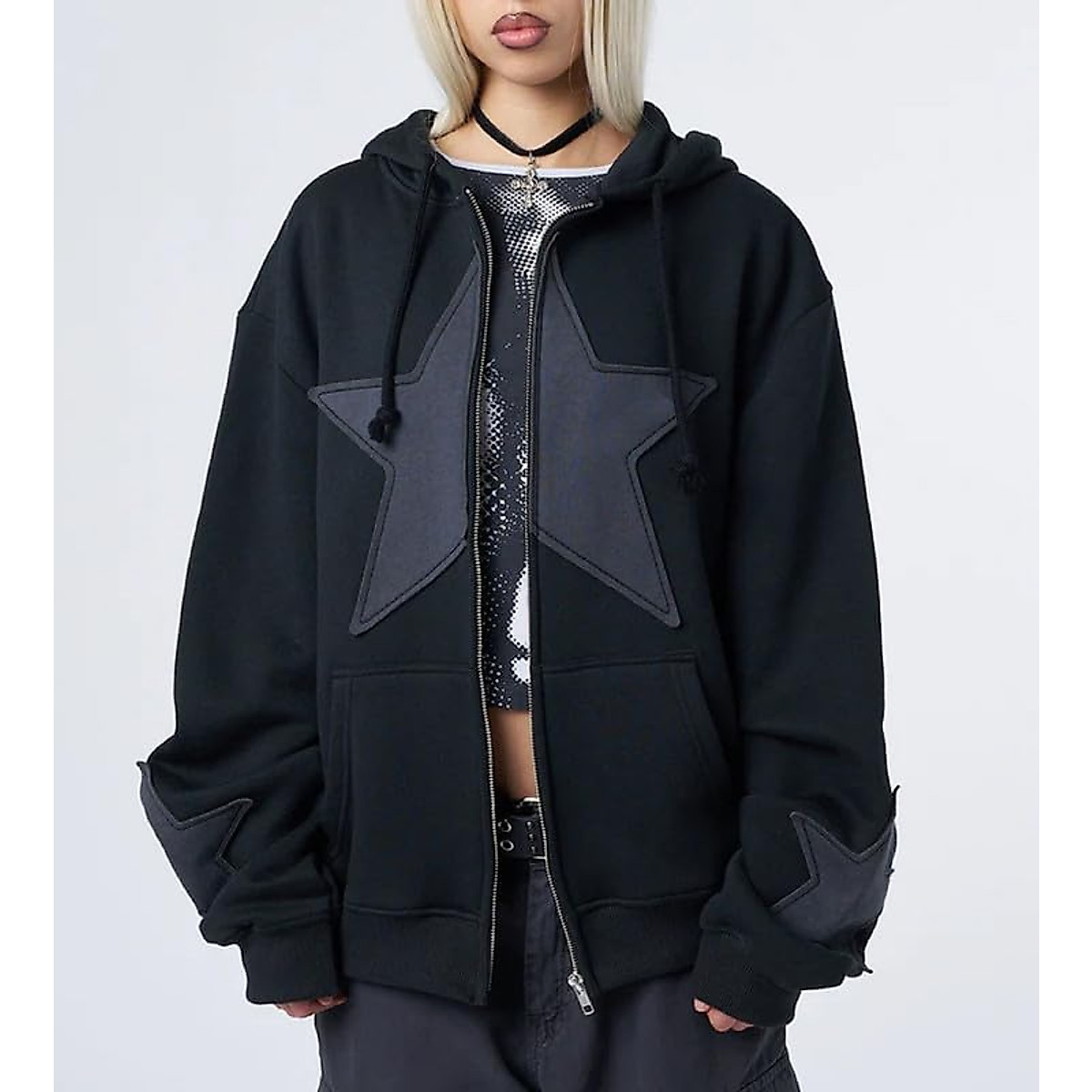 Womens Y2K Long Sleeve Hoodies Zip Up Star Graphic Track Jackets Hip Hop Harajuku Oversized Sweater Sweatshirts