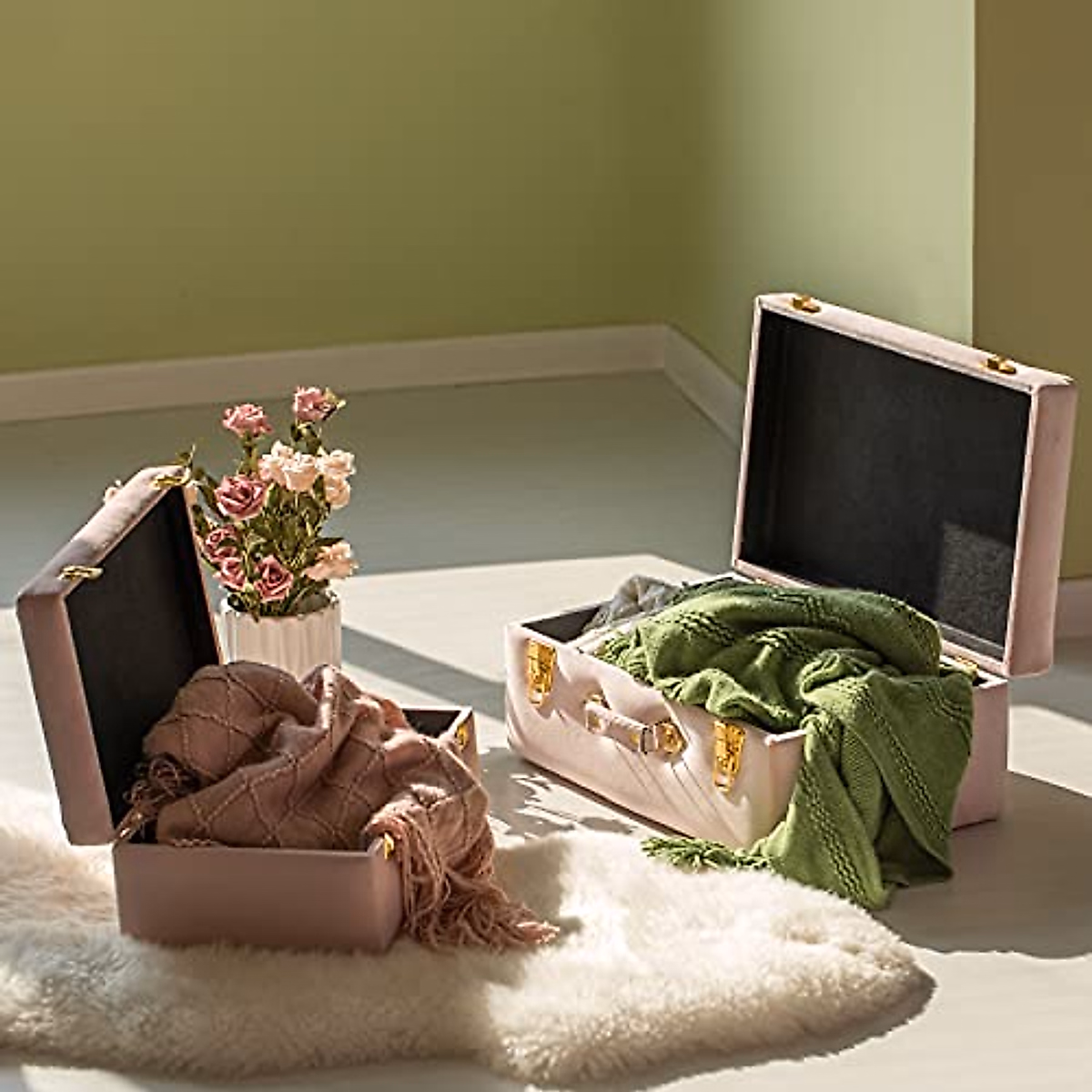 Vintiquewise Decorative Tufted Velvet Suitcase Treasure Chest Set of 2, Pink