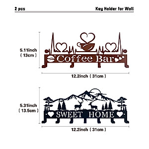 FengPingZi, Key Holder Wall Mount, 2 Pack Metal Black Key Hanger for Wall Decor with 7 Hooks and Brown Organiser Rack for Wall with 4 Hooks for Living Room, Entryway, Bathroom, Kitchen