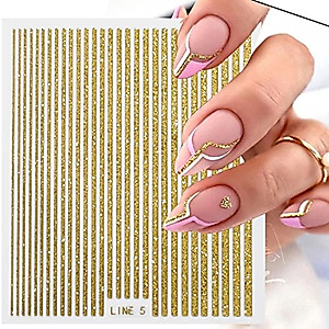 Line Nail Art Stickers Decals 3D Holographic Line Nail Stickers 6Pcs Rose Gold Silver Metal Stripe Nail Decals Geometric Stripe Line Curve Adhesive Nails Art Supplies Sliders for Women Manicure Decor