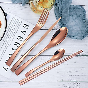 MURRI&MURRDI 7 Pieces Reusable Utensils Set with Case Portable Cutlery Set Stainless Steel Travel Utensils Including Knife Fork Spoon Chopsticks Straws Brush,Dishwasher Safe(7 Rose golden)