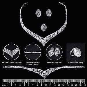 Jorsnovs Dubai Indian Wedding Jewelry for Bride 4pcs Zircon Earrings and Necklace Bracelet Ring Set Formal Jewelry for Women Evening Wear
