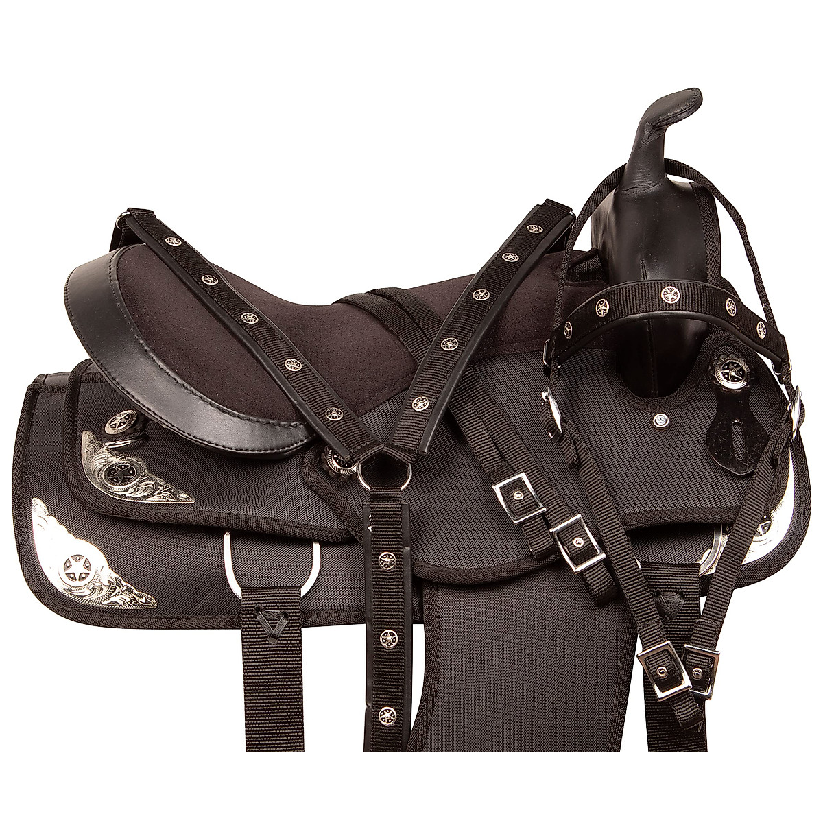Acerugs 12” 13” 14” 15” 16” 17” 18” WESTERN PLEASURE TRAIL Silver TEXAS STAR LIGHT WEIGHT SYNTHETIC HORSE SADDLE TACK SET PAD (Black, 18" FQHB)