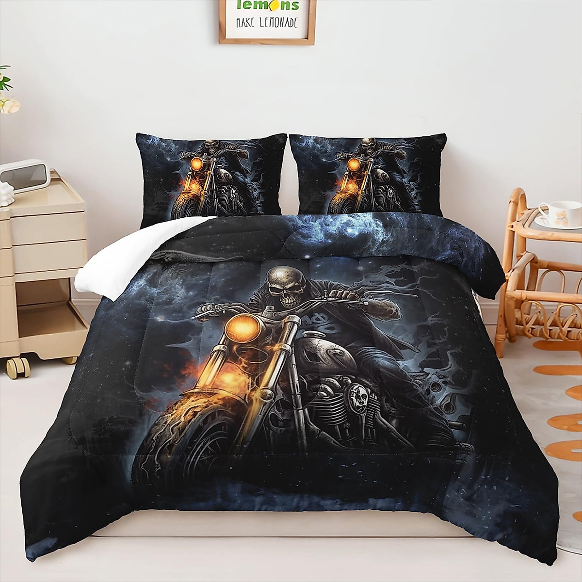 AILONEN Boys Skull Full Size Comforter Set, Motor Rider Skeleton Bone Bedding Set Howling Wolf Comforter Set,3 Pieces Galaxy Starry Skull Soft Comforter Set, 1 Quilt and 2 Pillowcases