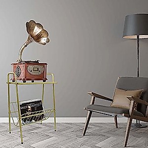 Jbikao Side Table, Gold End Table with Magazine Holder, Record Player Stand with Storage, Bedside Table Nightstand for Living Room, Bedroom, Office, Metal