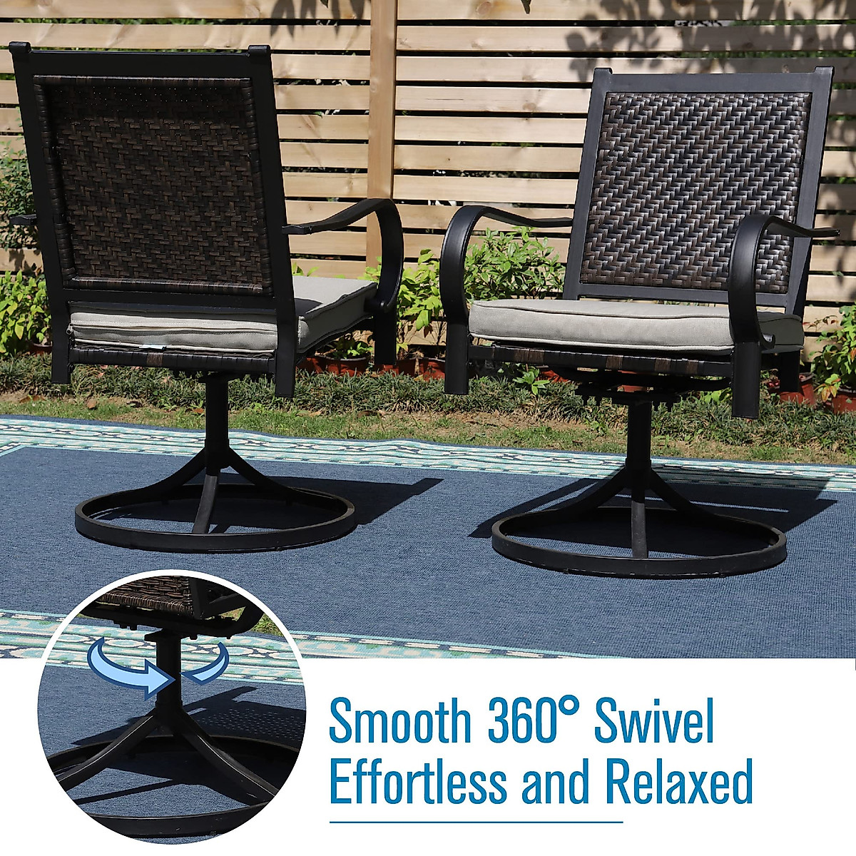 MFSTUDIO Patio Swivel Chair Sets of 2, Outdoor Wicker Dining Swivel Chairs Set of 2 with Beige Cushions, Armrests and Metal Frame, All-Weather, 350lbs. Brown