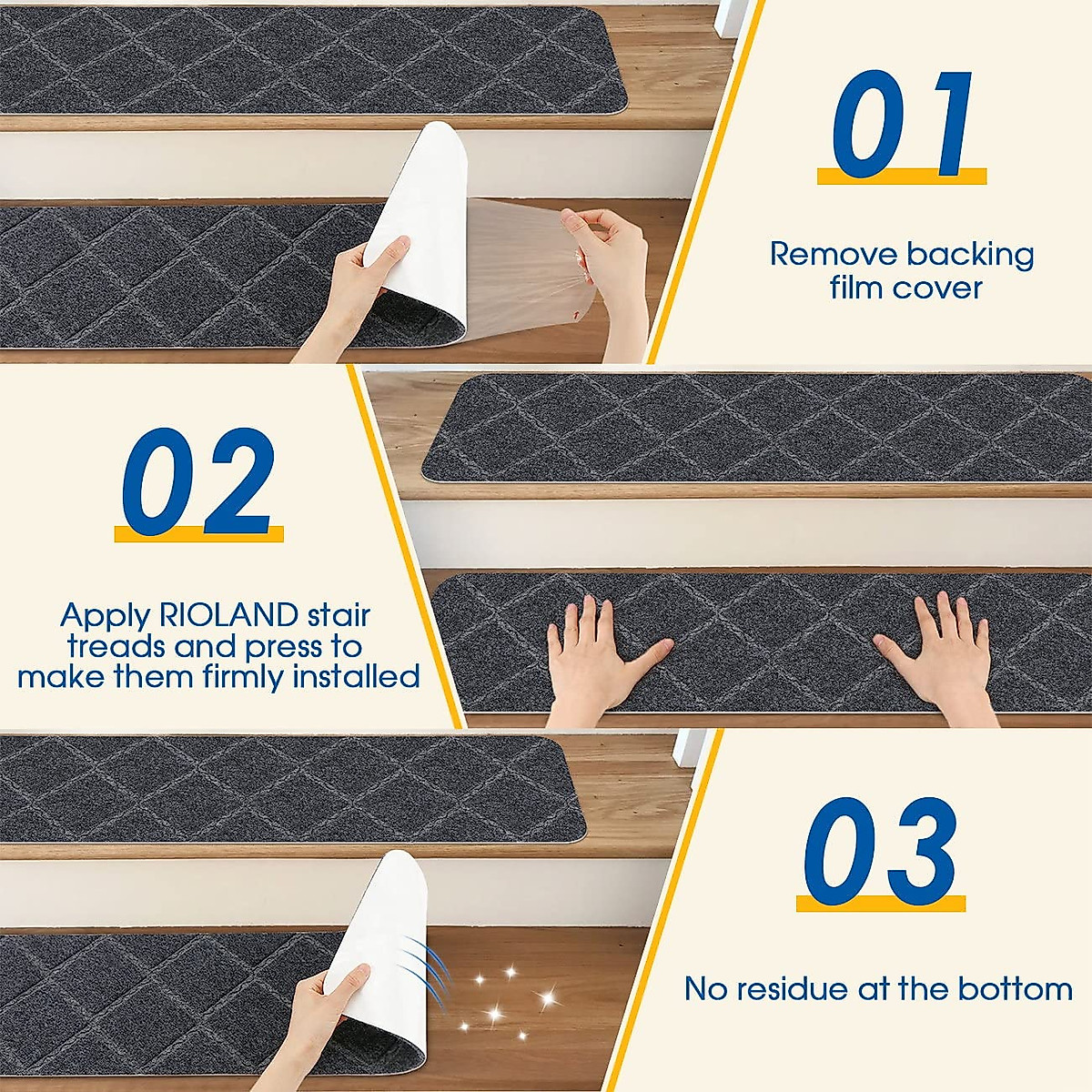 RIOLAND Stair Treads Carpet Non-Slip Indoor 15 PCS Wood Stair Treads Rugs Anti Moving Modern Stair Runners Safety for Kids Dogs, 8" X 30", Diamond Gray