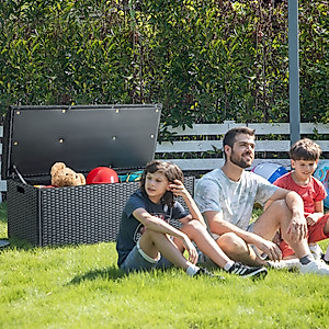 Devoko 70 Gallon Rattan Wicker Large Storage Bench Deck Box Outdoor Indoor Waterproof Storage Box with Wood Bench Surface for Patio Furniture Cushions, Toys, Garden and Pool Tools